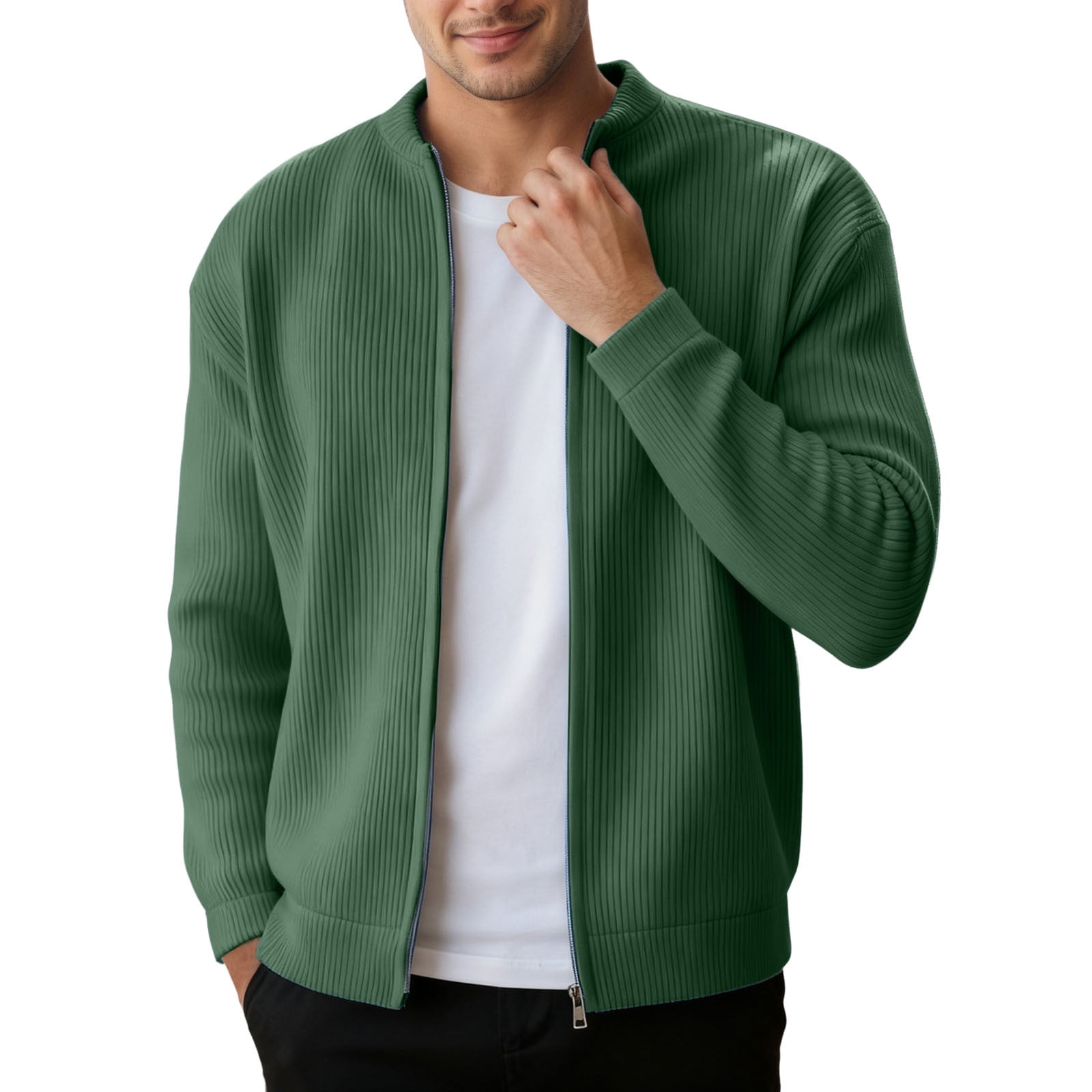 IWRICH Men's Ribbed Stand Collar Knit Jacket Full Zip Textured Cardigan ...