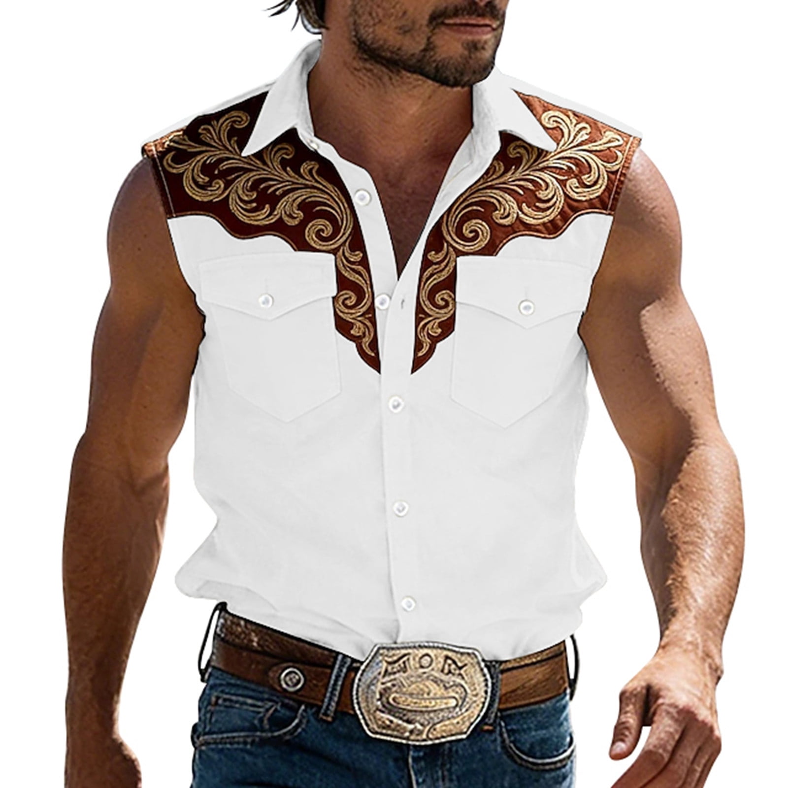 IWRICH Western Sleeveless Shirts for Men Plus Size Collared Button down ...