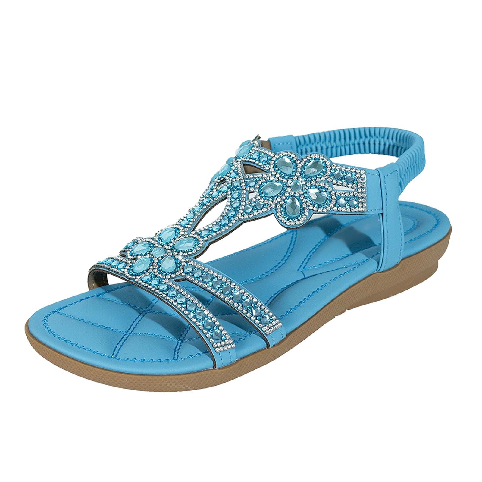 IWRICH Women Rhinestone Sandals T-Strap Buckle Bohemian Pearl Flat ...