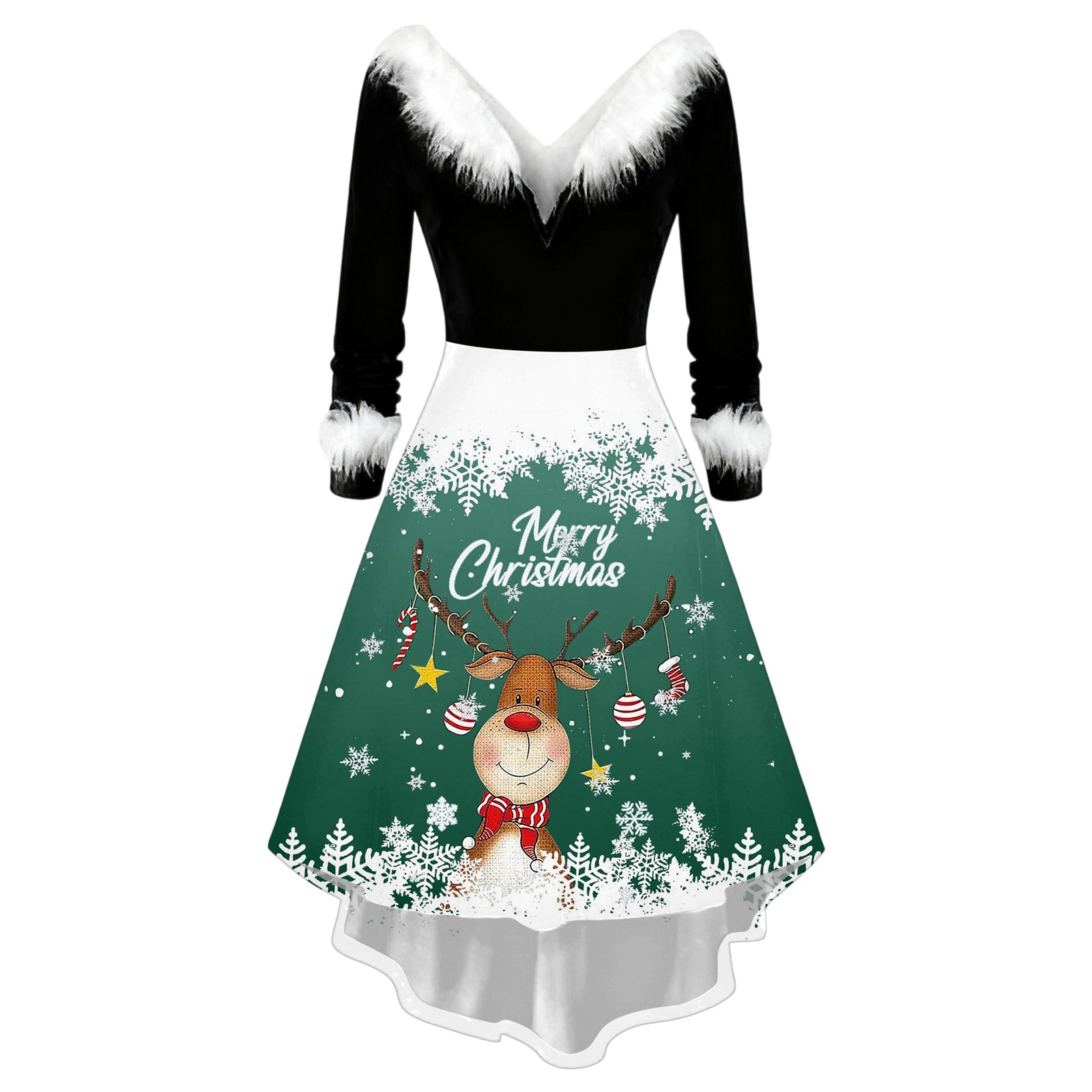 IWRICH Women's Christmas Dresses Plus Size Furry V-Neck Swing Dress ...