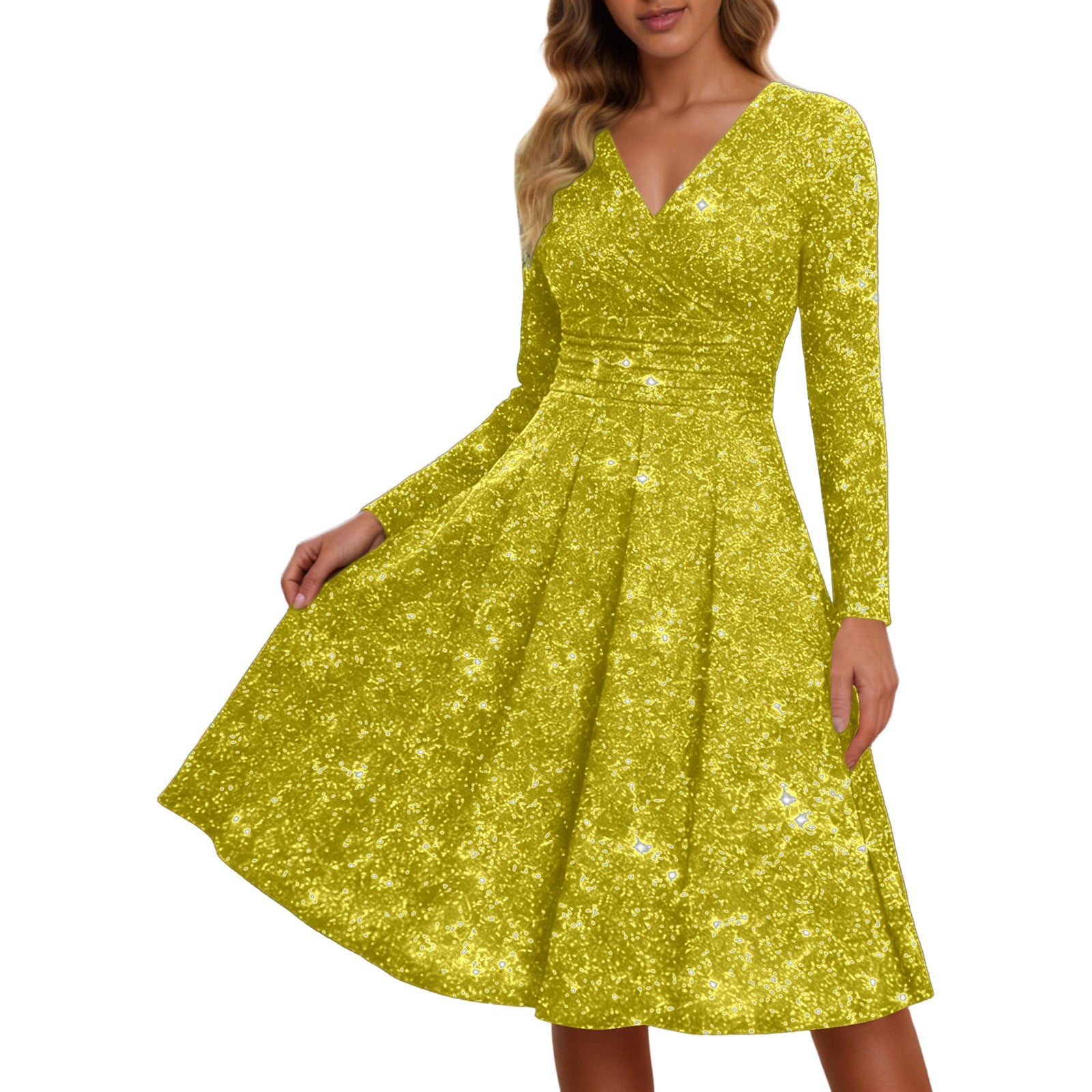 IWRICH Women's Crossover V-Neck Sparkly Midi Dress Long Sleeve Ruched ...