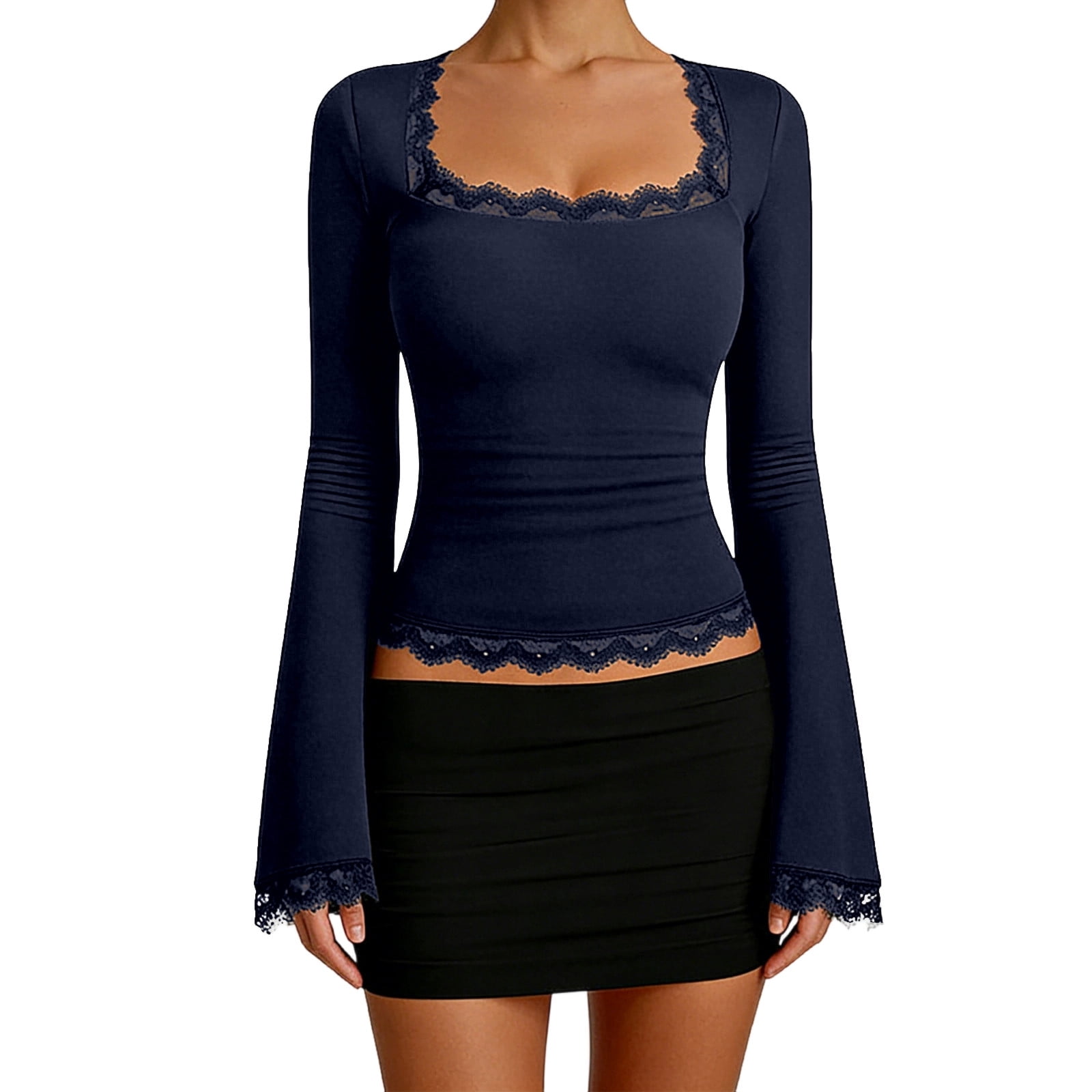 IWRICH Women's Fall Fashion Square Neck Lace Trim Long Bell Sleeves ...