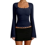 IWRICH Women's Fall Fashion Square Neck Lace Trim Long Bell Sleeves ...