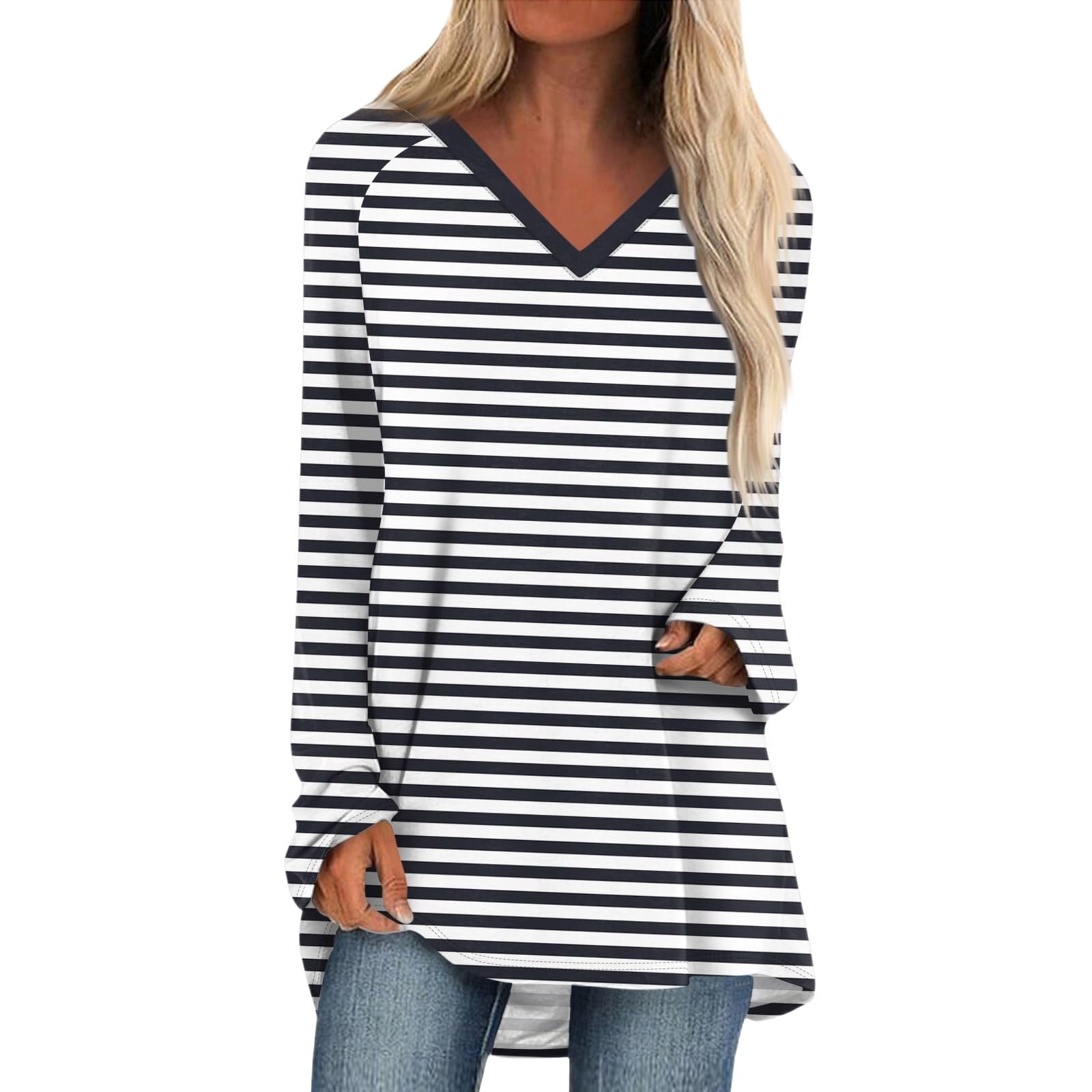 IWRICH Women's Strip Printed Tunic Tops Fall Outfits Long Sleeve Casual ...