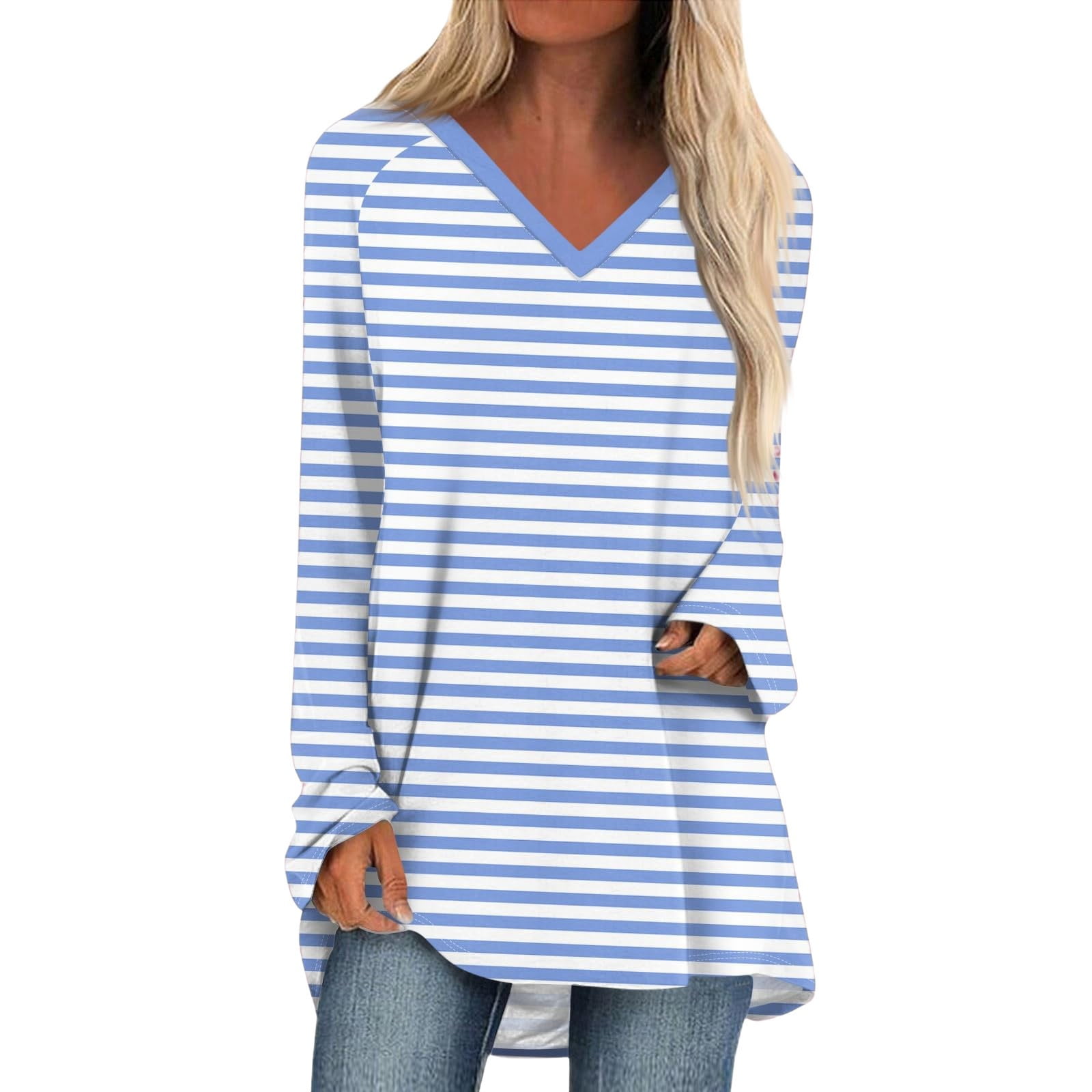 IWRICH Women's Strip Printed Tunic Tops Fall Outfits Long Sleeve Casual ...