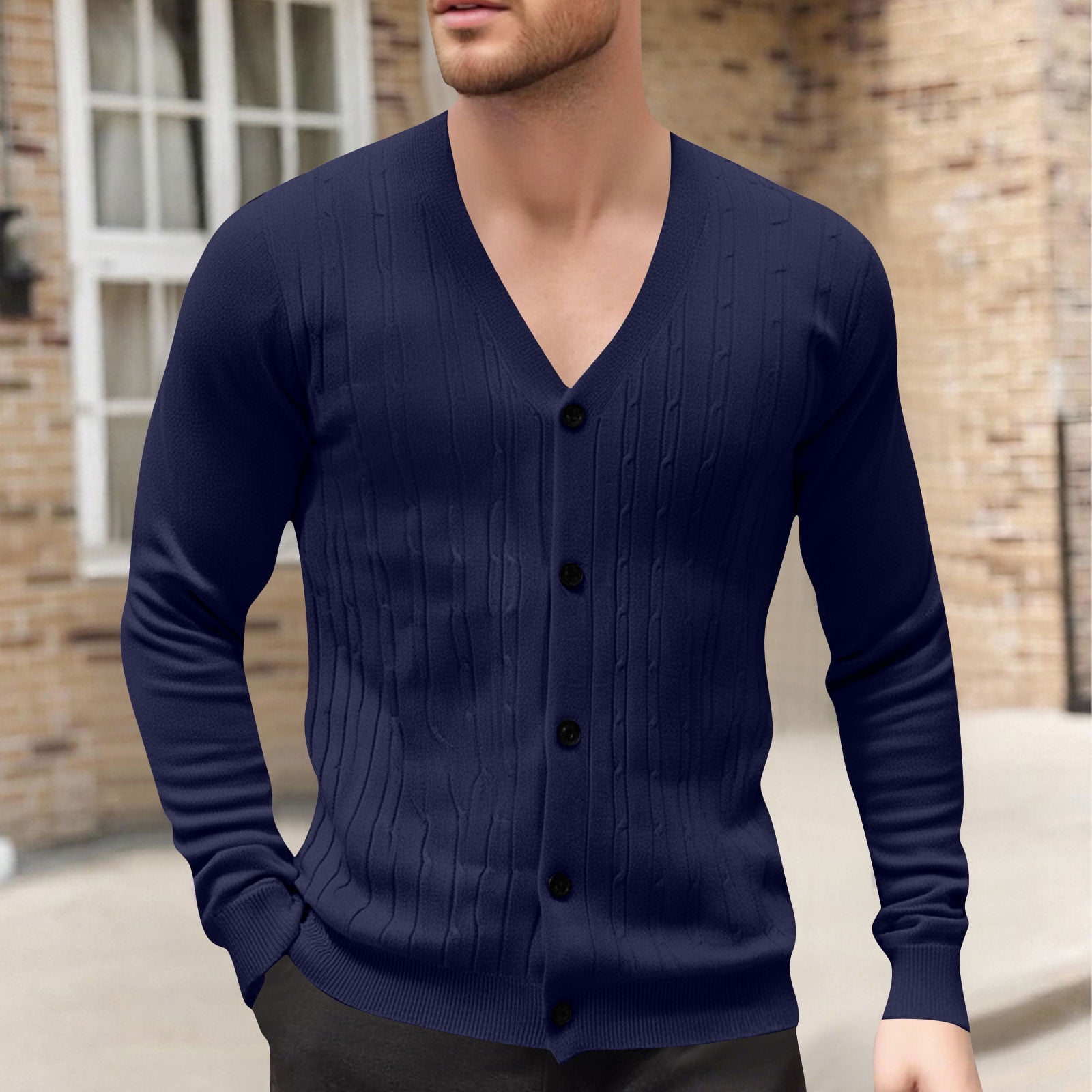 IWRUHZY Men's V-Neck Cardigan Slim Fitted Ribbed Texture Button Front ...