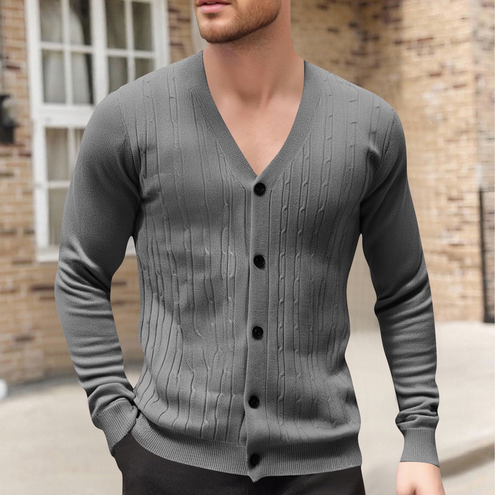 IWRUHZY Men's V-Neck Cardigan Slim Fitted Ribbed Texture Button Front ...