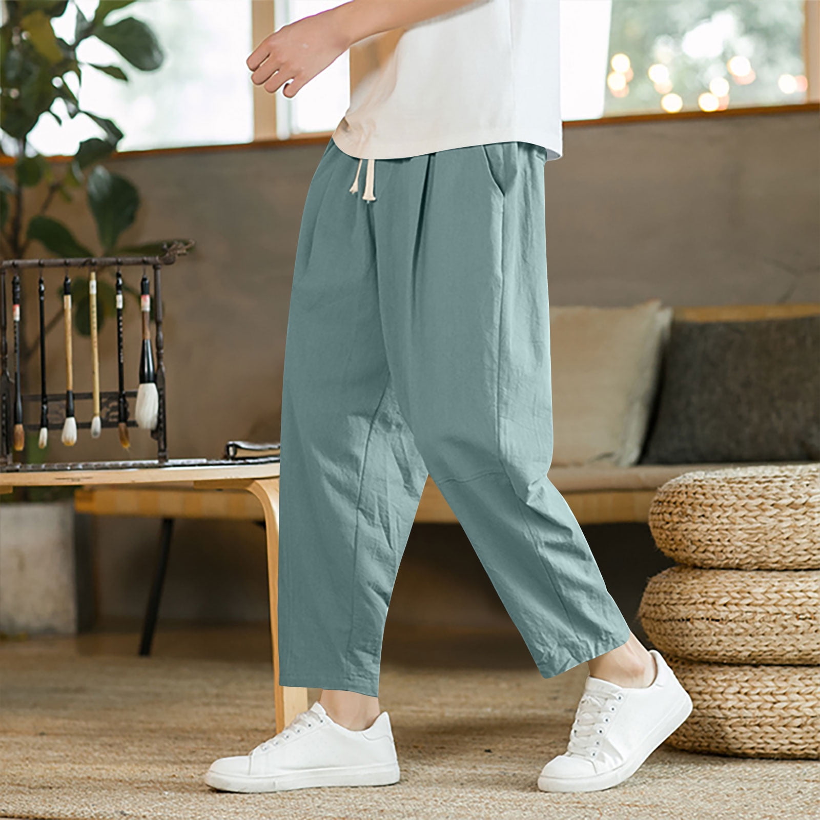 IWRUHZY Mens Plus Size Linen Pants Loose Fitted Elastic Waist ...