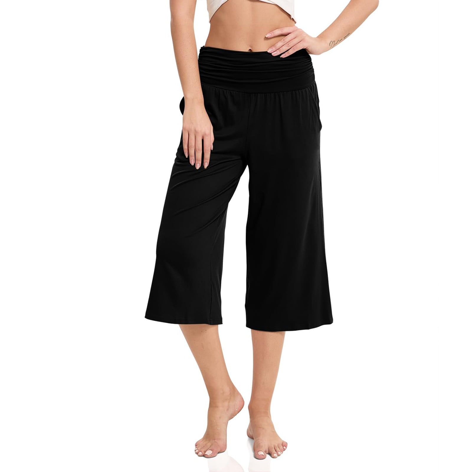 IWRUHZY Wide Leg Yoga Pants for Women Fold Waist Casual Workout Cropped ...