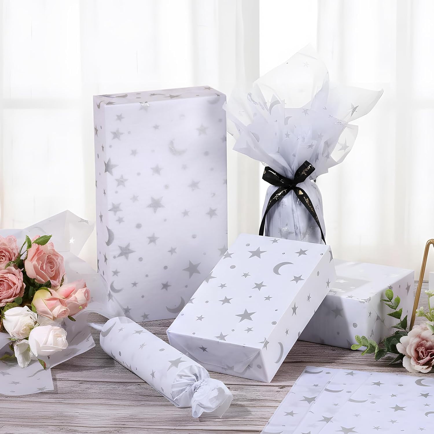 IYFFDFE-100 Sheets Star Tissue Paper - Star & Moon Pattern White Gift ...