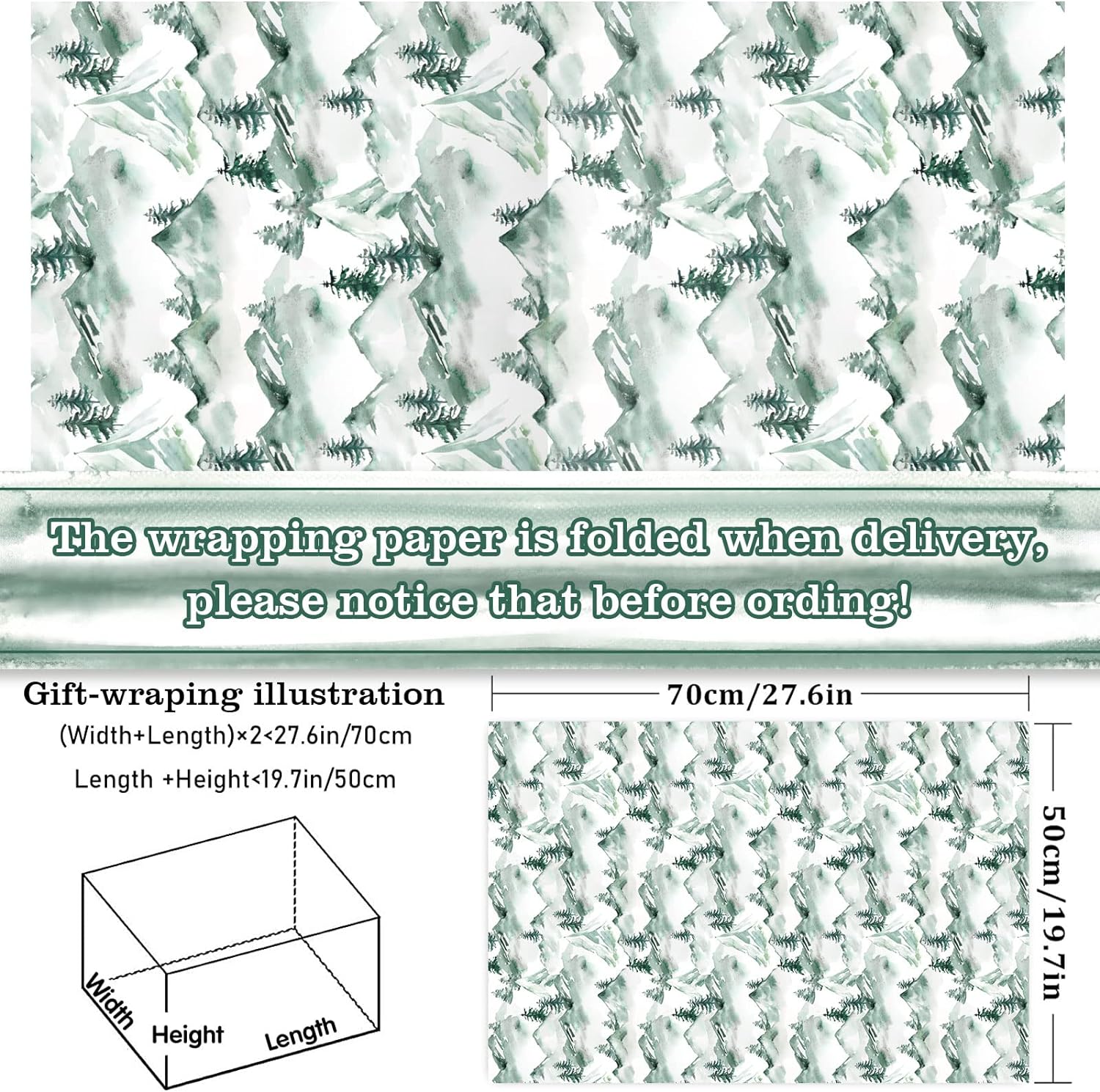 IYFFDFE-12 Sheet Green Forest Wrapping Paper Watercolor Mountain ...