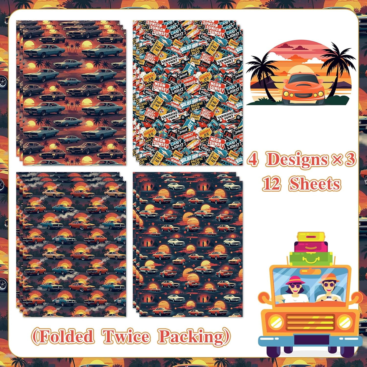 IYFFDFE-12 Sheets California Sunset Car Wrapping Paper Vintage Car ...