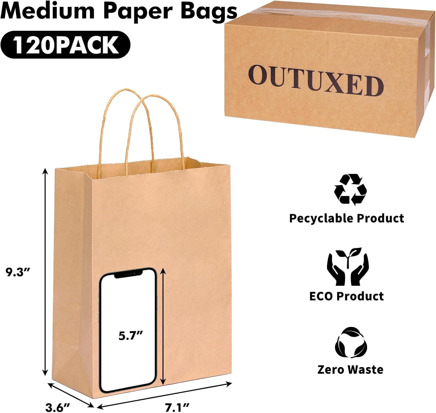 IYFFDFE-120pcs Gift Bags, Brown Paper Bag with Handles 7.1x3.6x9.3in ...
