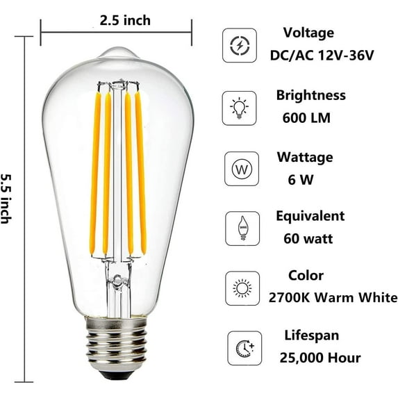 IYFFDFE-12V Edison Bulb 60 watt Equivalent E26 Medium Base 12V LED ...