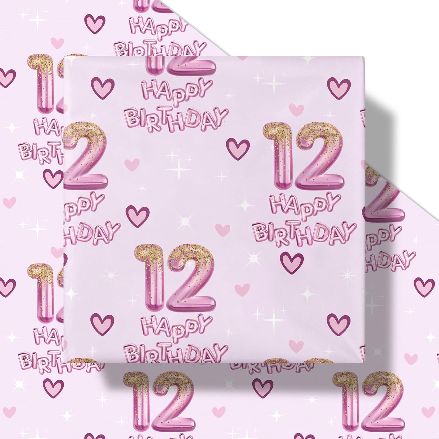 IYFFDFE-12th Birthday Wrapping Paper Girls, Hearts and Pink Number 12 ...