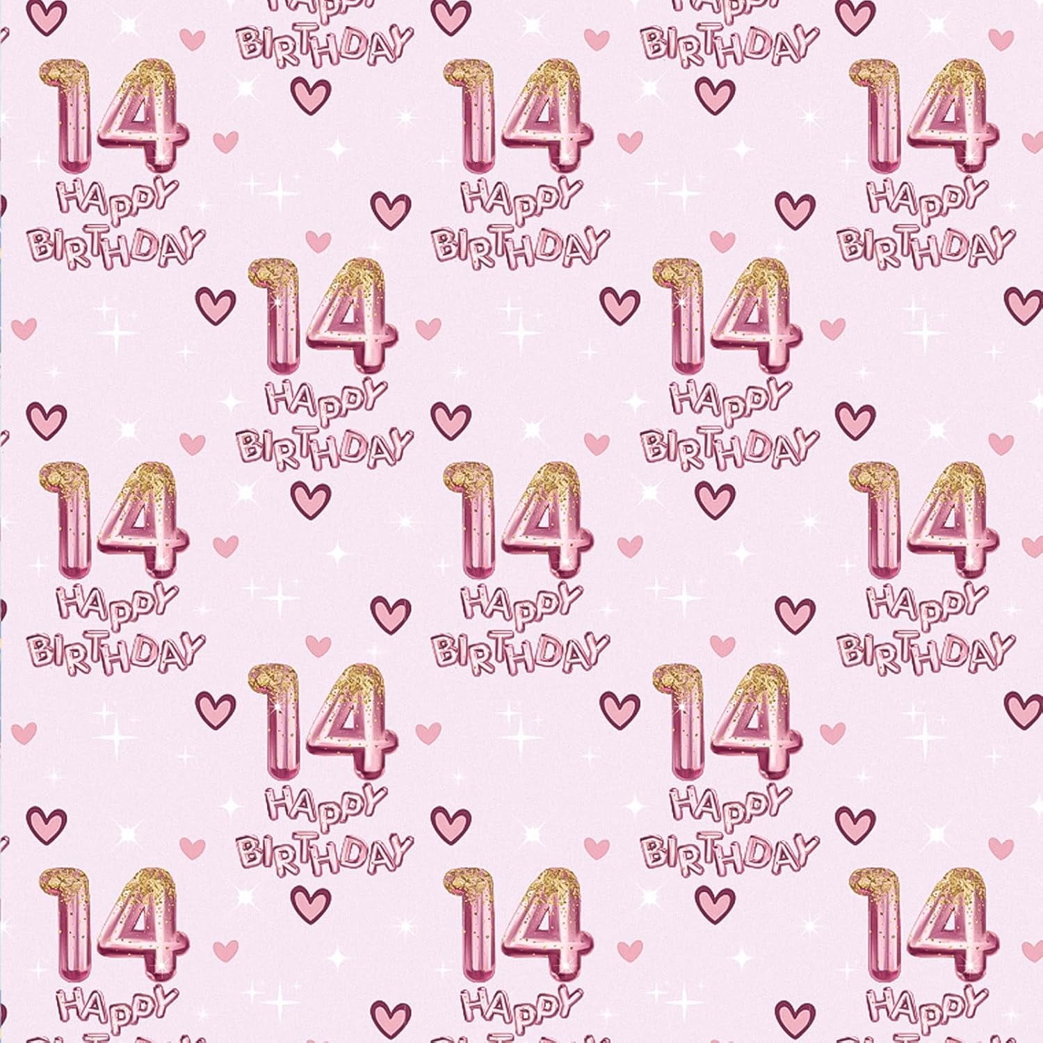 IYFFDFE-14th Wrapping Paper Birthday Girl, Hearts and Pink Number 14 ...