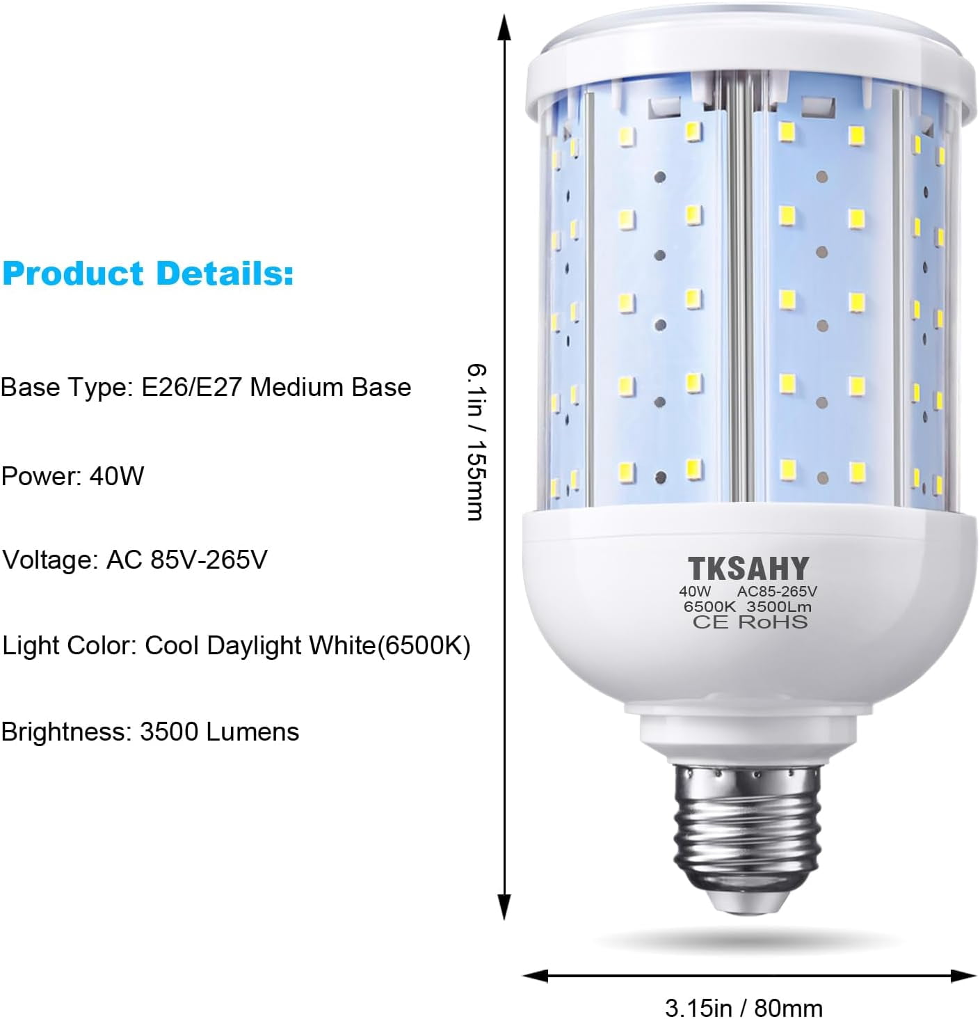 IYFFDFE-2-Pack 200W Equivalent LED Corn Light Bulb 3500 Lumen 6500K ...