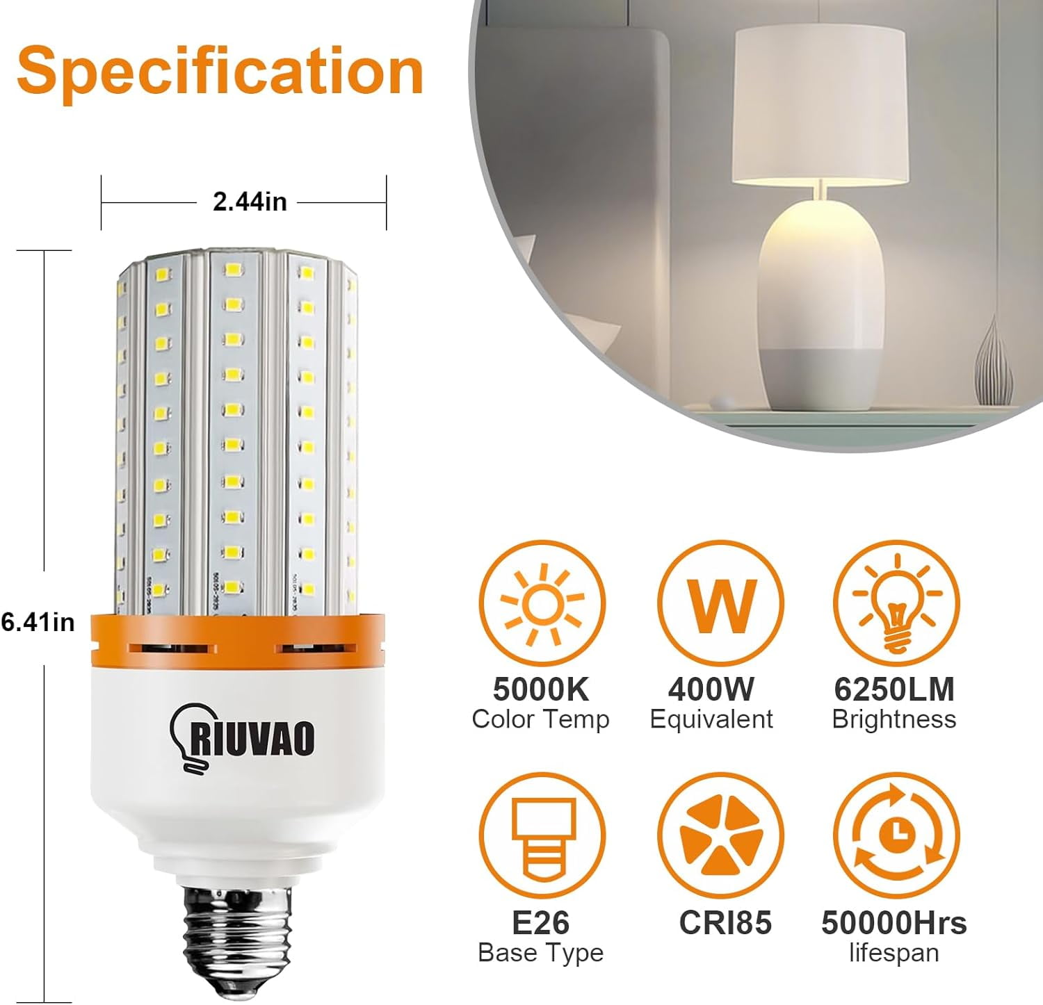 IYFFDFE-2 Pack 50W LED Corn Light Bulb 6250 Lumin 400W Replacement E26 ...