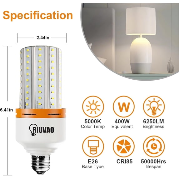 IYFFDFE-2 Pack 50W LED Corn Light Bulb 6250 Lumin 400W Replacement E26 ...