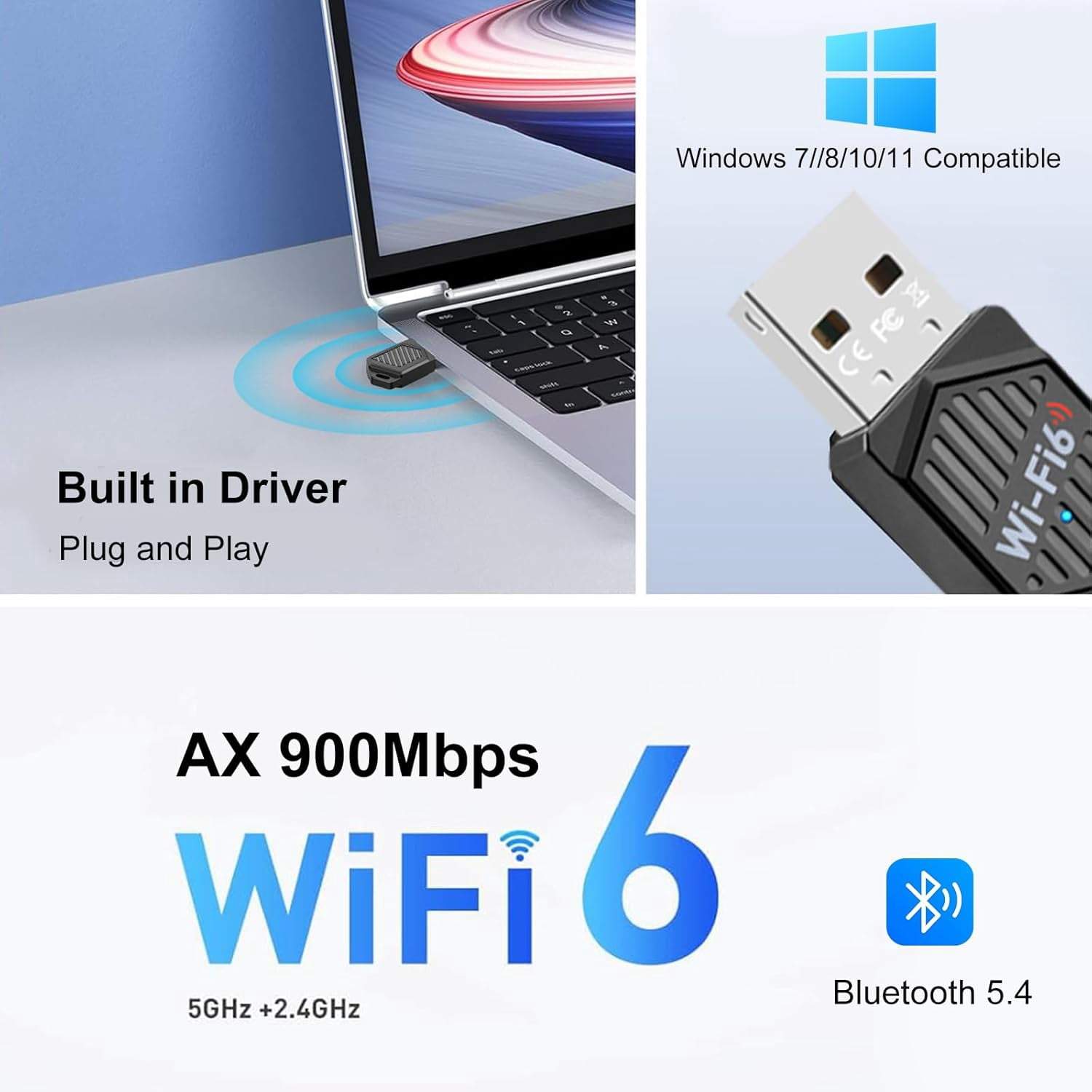 IYFFDFE-2-in-1 USB WiFi 6 Adapter with Bluetooth 5.4 Dual Band 2.4/5GHz ...