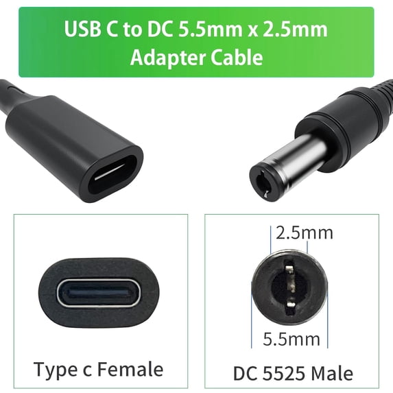 IYFFDFE-3.28Ft 5.5mm x 2.5mm USB C to DC Adapter 15W, USB C Female to ...