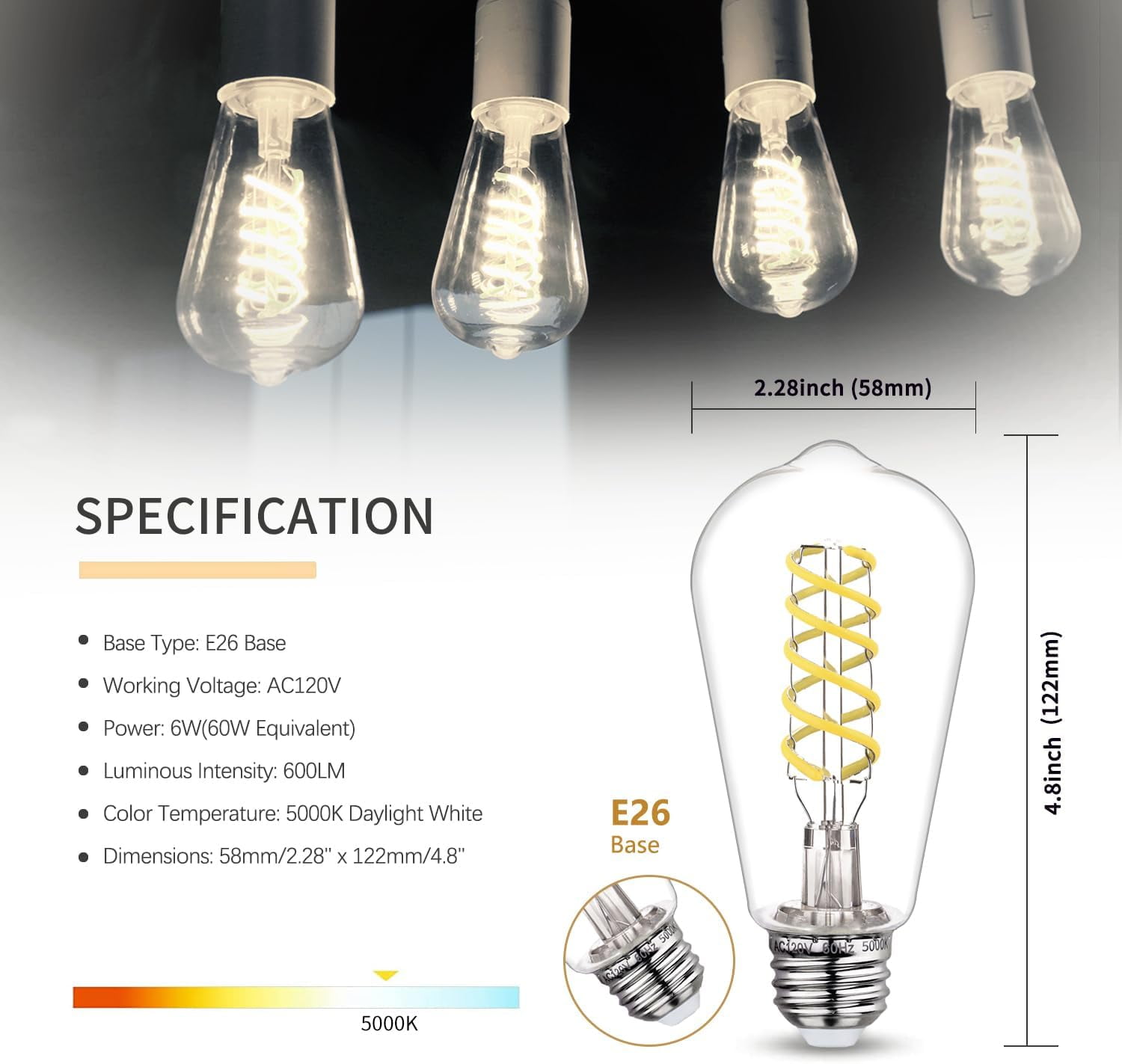IYFFDFE-4 PCS ST58 (ST19) LED Edison Bulbs, Dimmable Vintage Antique ...