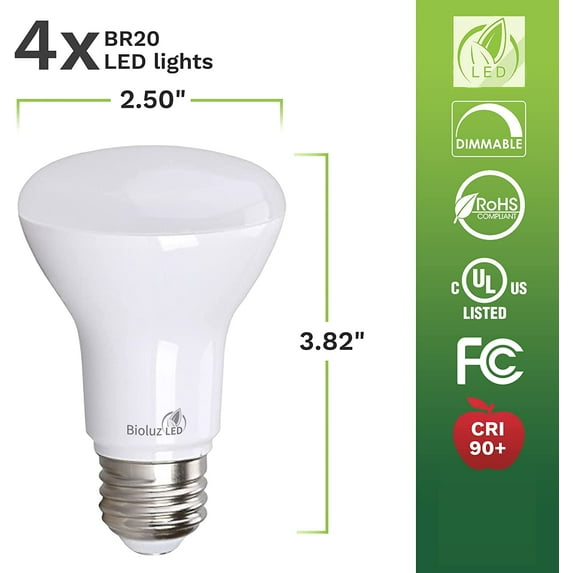 IYFFDFE-4 Pack BR20 LED Bulb 2700K Bright Warm White 6W=50W, 90 CRI ...
