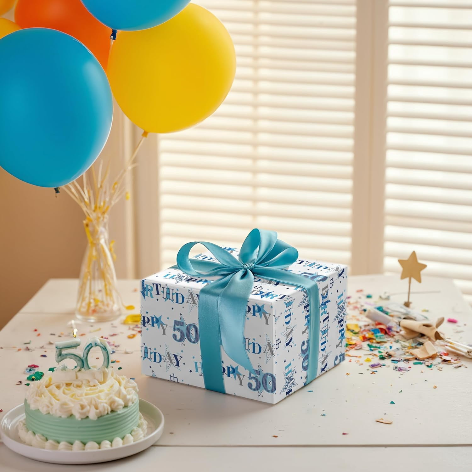 IYFFDFE-50th Birthday Wrapping Paper Roll - Blue Happy 50th Birthday ...