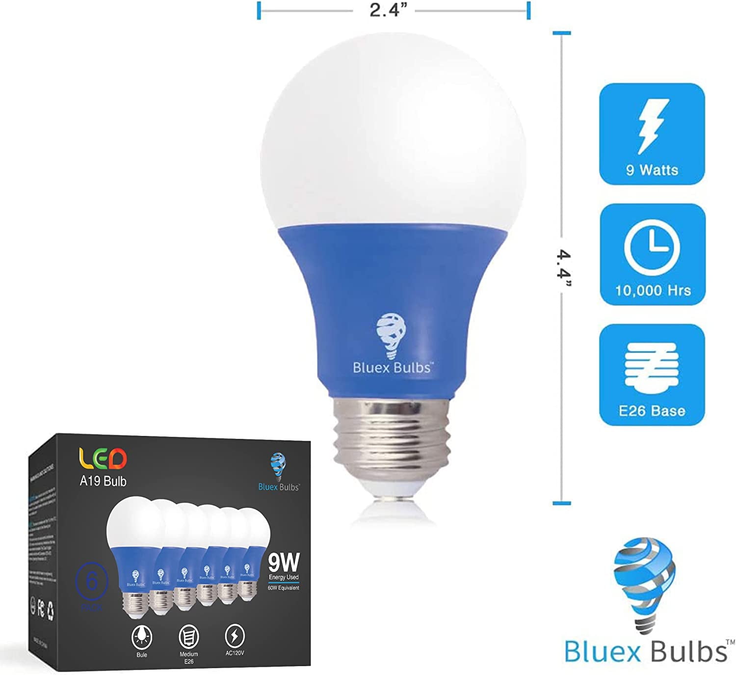 IYFFDFE-6 Pack BlueX LED A19 Blue Light Bulb - 9W (60Watt Equivalent ...