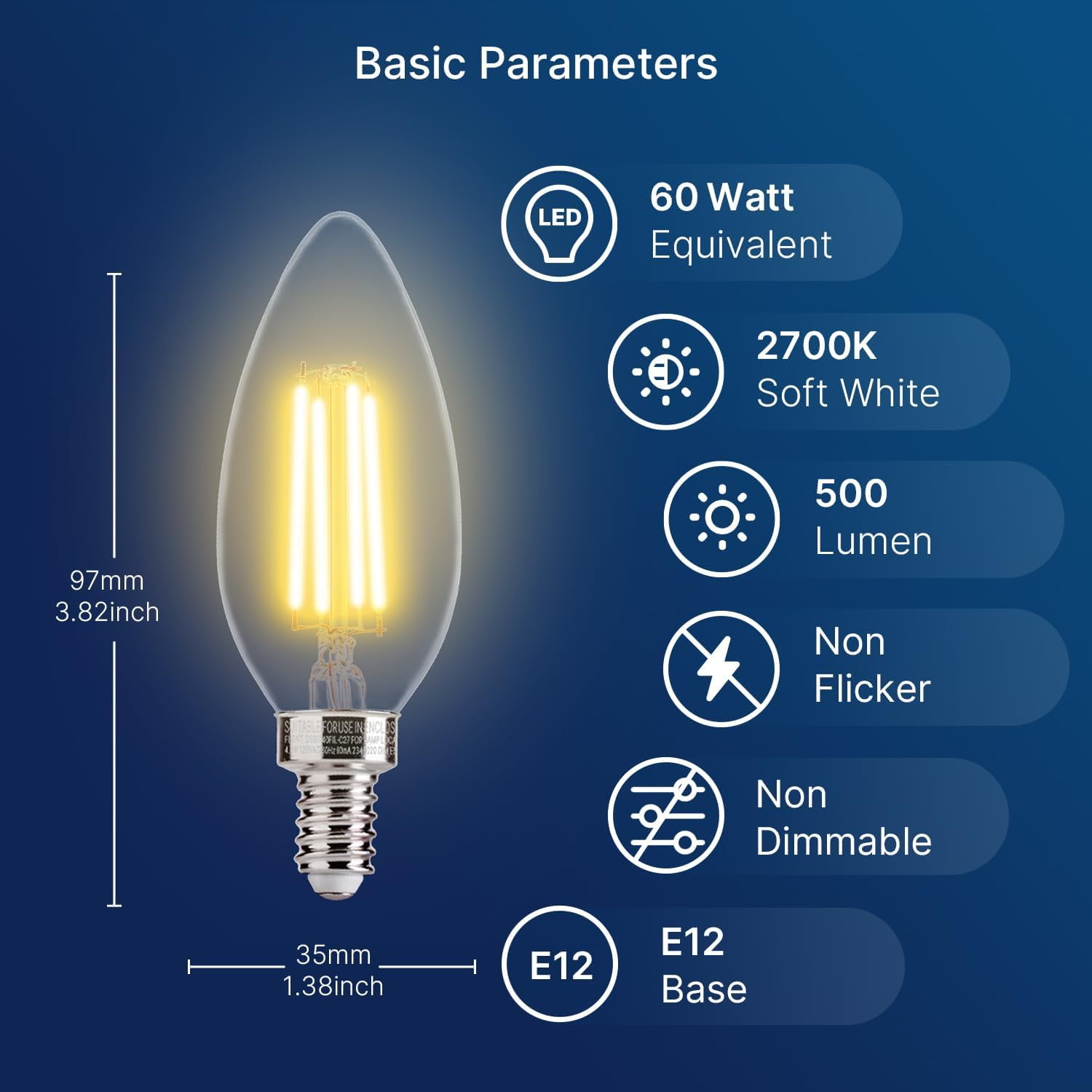 IYFFDFE-60W Equivalent LED Chandelier Light Bulbs, E12 Base, Clear B11 ...