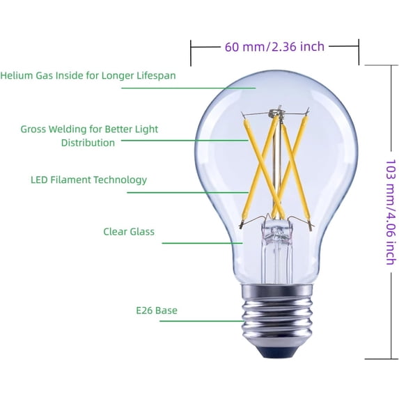 IYFFDFE-A19 LED Filament Bulb 60W Equivalent, 5000K Daylight White, 800 ...