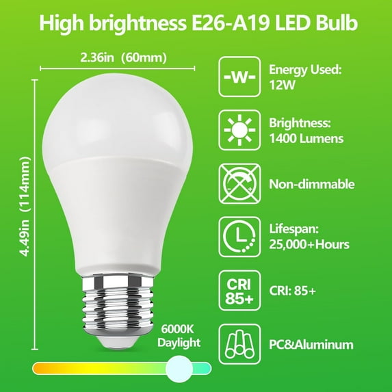 IYFFDFE-A19 LED Light Bulb,100 Watt Equivalent, E26 Medium Base,12W ...
