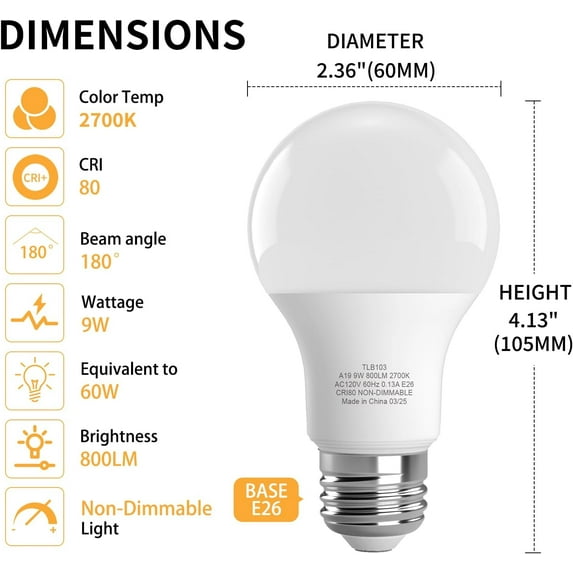 IYFFDFE-A19 LED Light Bulb, 60W Equivalent, Efficient 9W, 7 Year, 800 ...