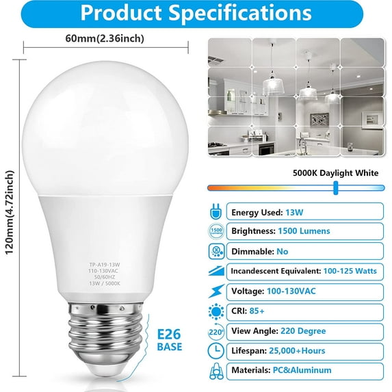 IYFFDFE-A19 LED Light Bulbs, 100 Watt Equivalent LED Bulbs, Daylight ...