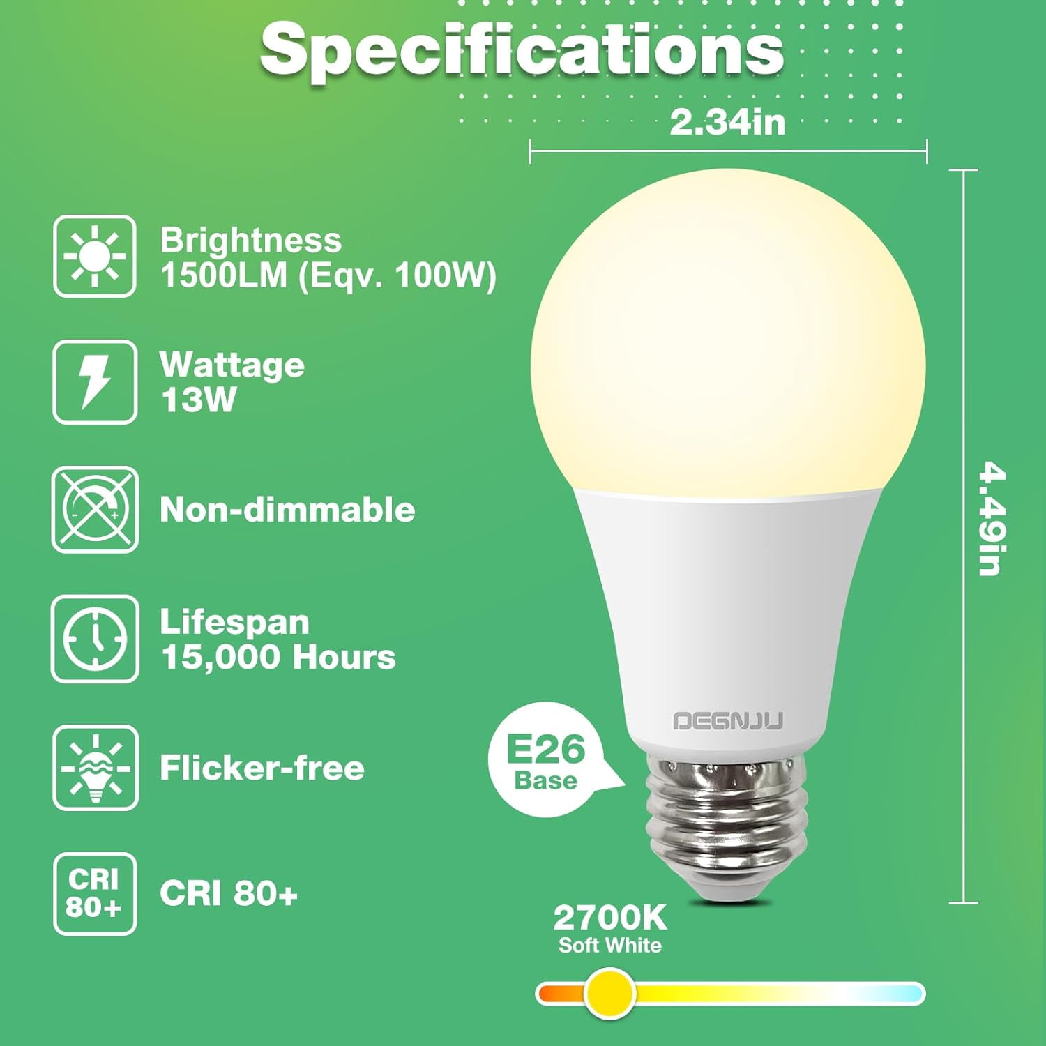 IYFFDFE-A19 LED Light Bulbs 100W Equivalent 2700K Soft White, 1500 ...