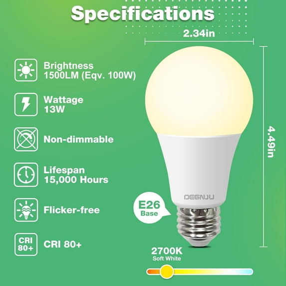 IYFFDFE-A19 LED Light Bulbs 100W Equivalent 2700K Soft White, 1500 ...