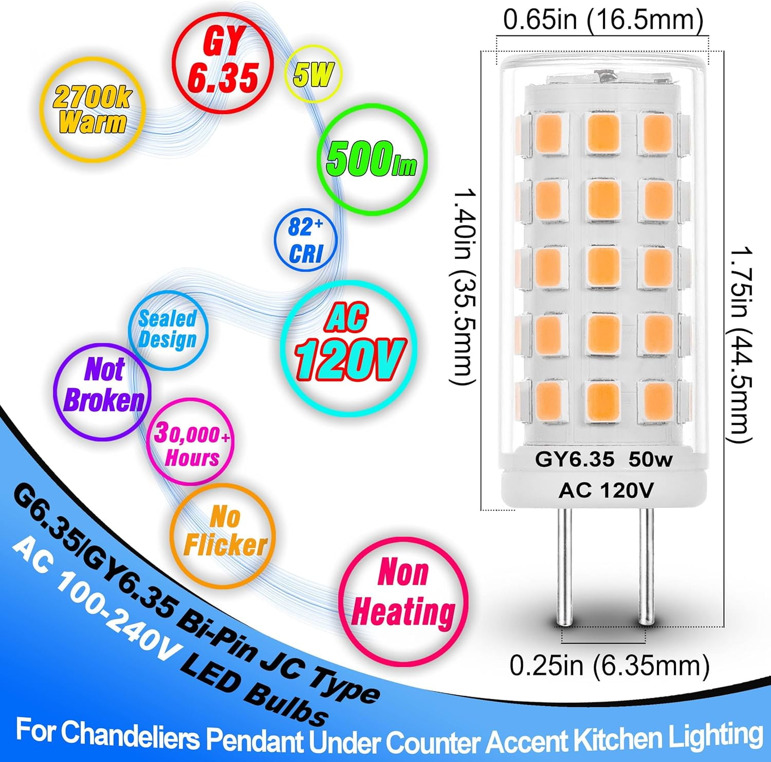 IYFFDFE-AC100-240V GY6.35 LED Bulb 5W Equivanlent 50W Halgoen JC Type ...
