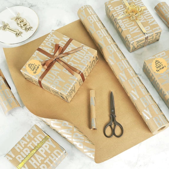 IYFFDFE-Birthday Wrapping Paper Roll, Silver and Brown Kraft Happy ...