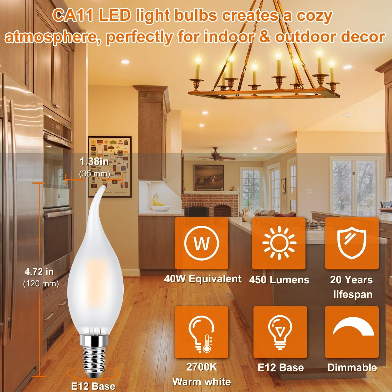 IYFFDFE-Dimmable CA11 E12 LED Candelabra Bulb, 40W Equivalent Frosted ...