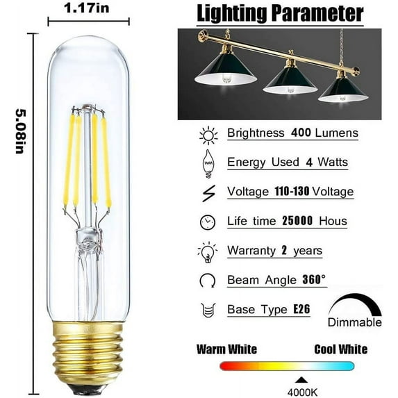 IYFFDFE-Dimmable Edison Led Tubular Bulb T10,4W Vintage Led Filament ...