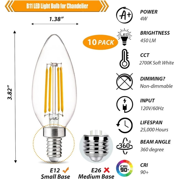 IYFFDFE-E12 Base LED Candelabra Bulbs 40W Equivalent, 2700K Soft White ...