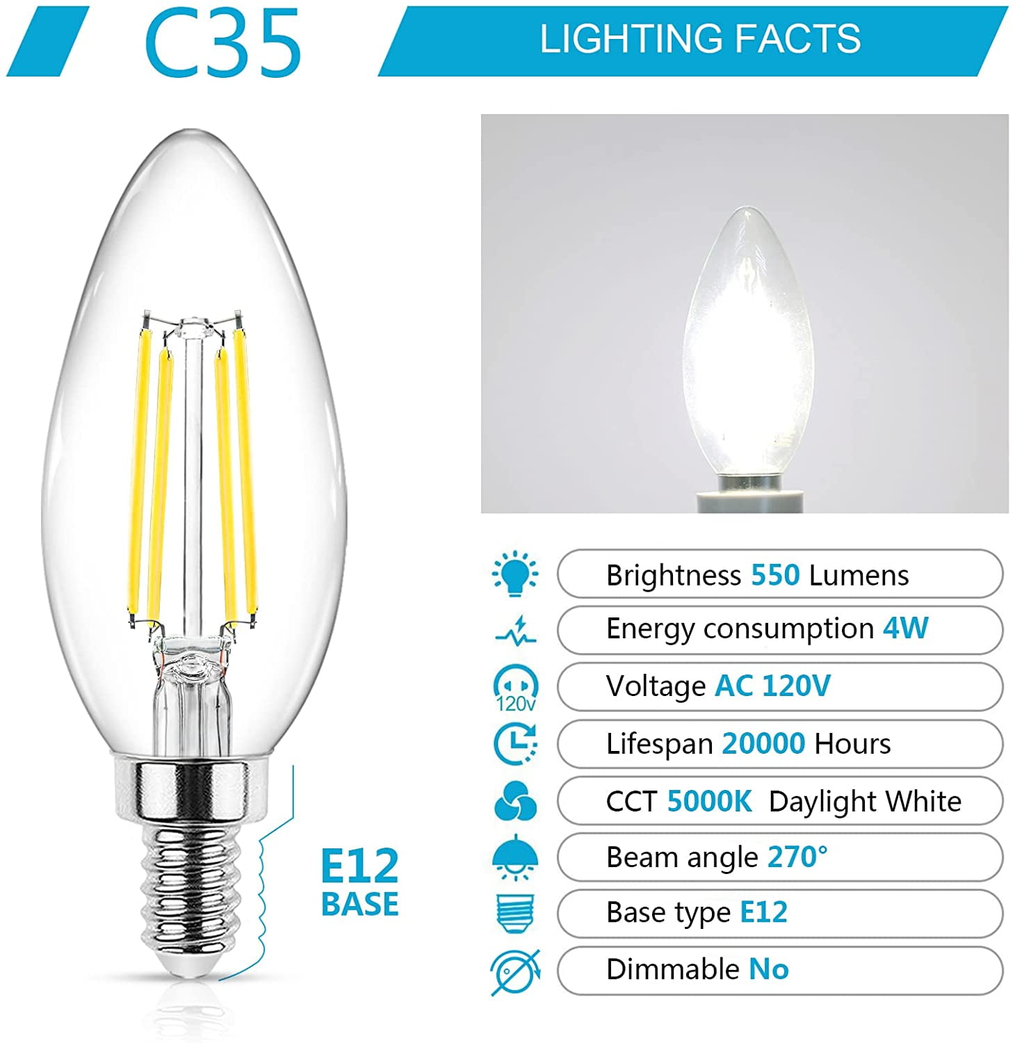 IYFFDFE-E12 Candelabra LED Light Bulbs 60 Watt Equivalent, Daylight ...
