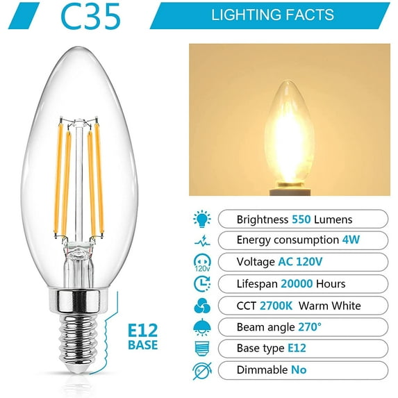 IYFFDFE-E12 Candelabra LED Light Bulbs 60 Watt Equivalent, Warm White 2700K, Non-Dimmable, 550 ...