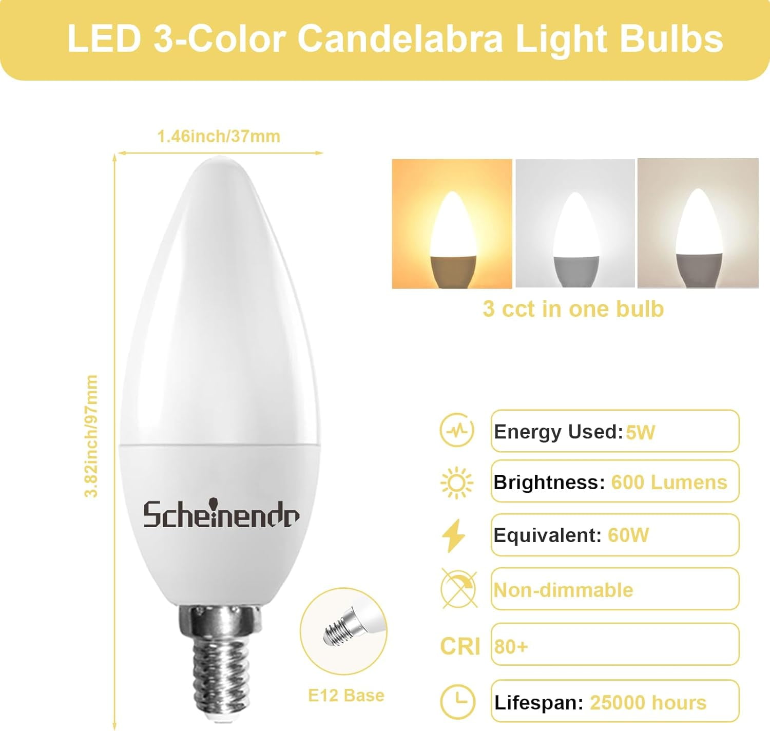 IYFFDFE-E12 LED 3-Color Candelabra Light Bulbs 60W Equivalent, with ...