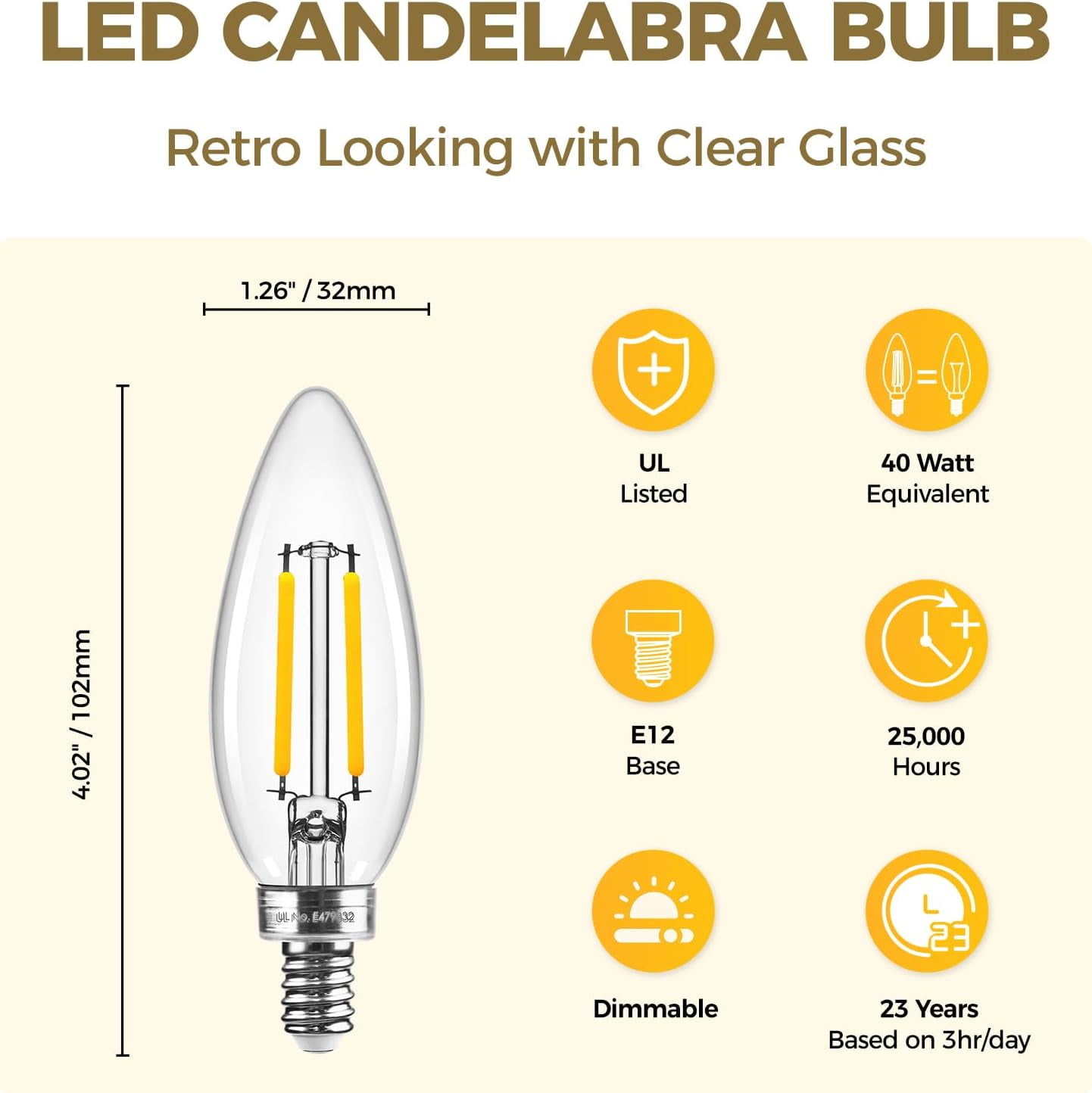 IYFFDFE-E12 LED Candelabra Bulb 40 watt Equivalent, Dimmable Candelabra ...
