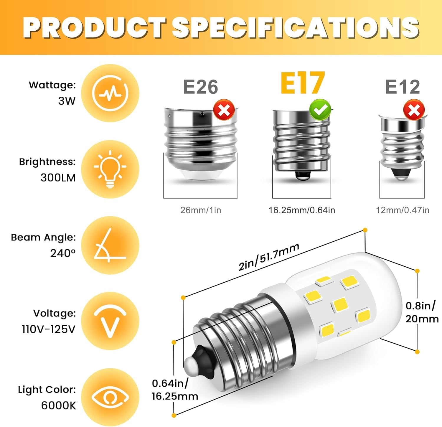 IYFFDFE-E17 LED Light Bulb 3W 6000K Daylight White, 8206232A 40 Watt ...