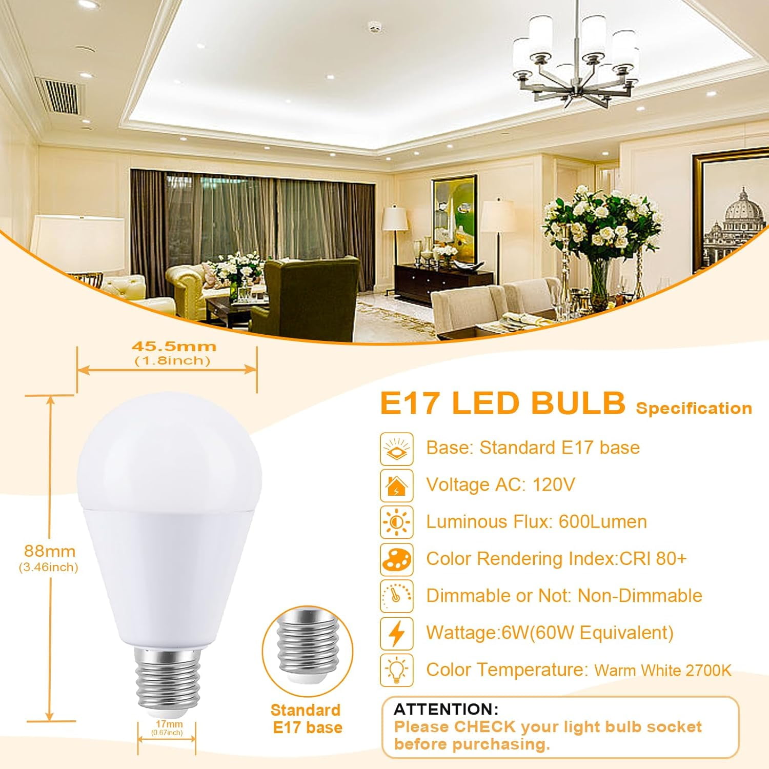 IYFFDFE-E17 LED Light Bulbs 6W Equivalent to Halogen Bulb 60W 600LM Non ...