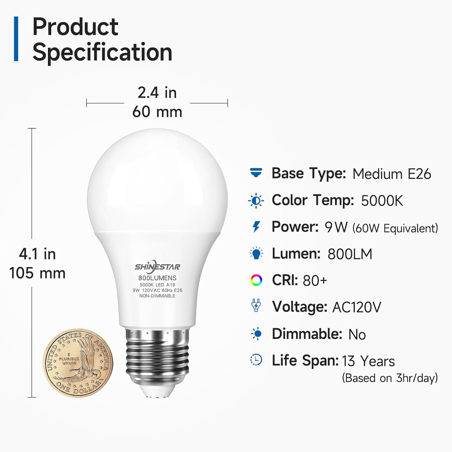 IYFFDFE-E26 Base 5000K LED Light Bulb, 800 Lumens, 60W Equivalent ...