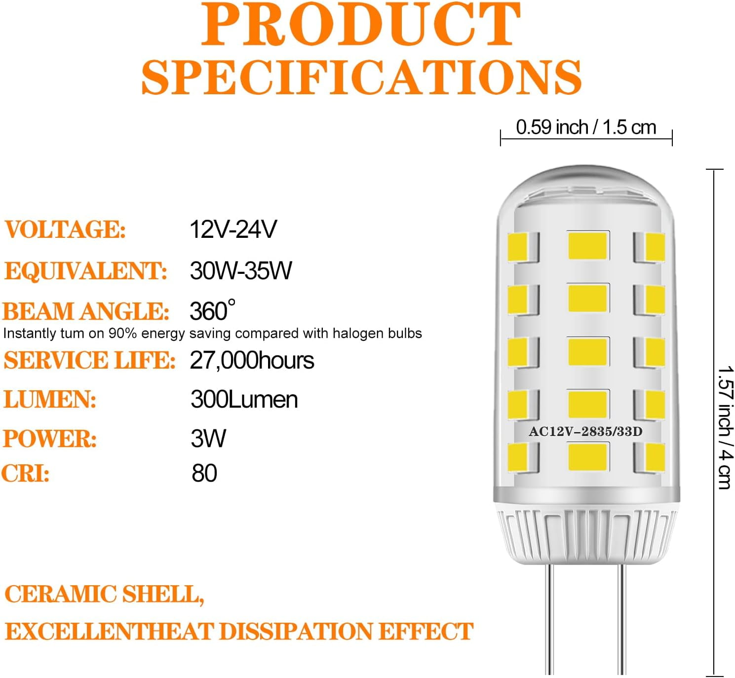 IYFFDFE-G4 LED Bulb 12-24V AC/DC 3W Equivalent to 30W Halogen Bulb JC ...
