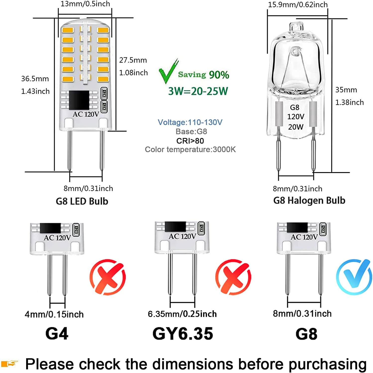 IYFFDFE-G8 LED Bulb Dimmable 3W Equivalent to G8 Halogen Bulb 20W-25W ...